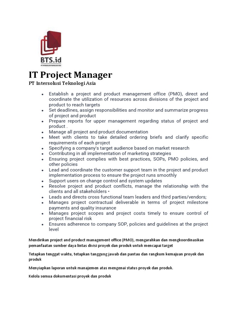 It Project Manager Pt Intersolusi Teknologi Asia Pdf