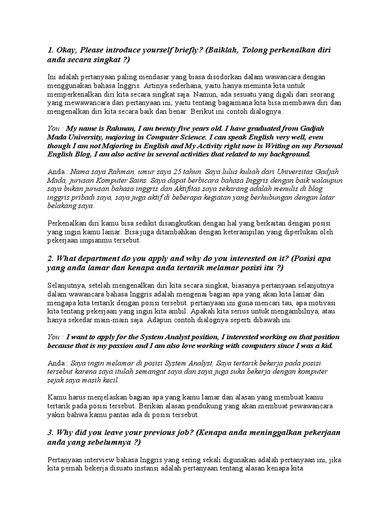 Tips Wawancara Kerja Bahasa Inggris | PDF