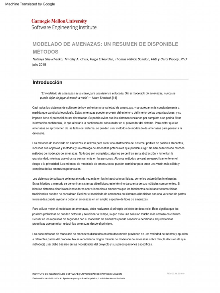 THREAT MODELING A SUMMARY OF AVAILABLE METHODS (1) - Español | PDF ...