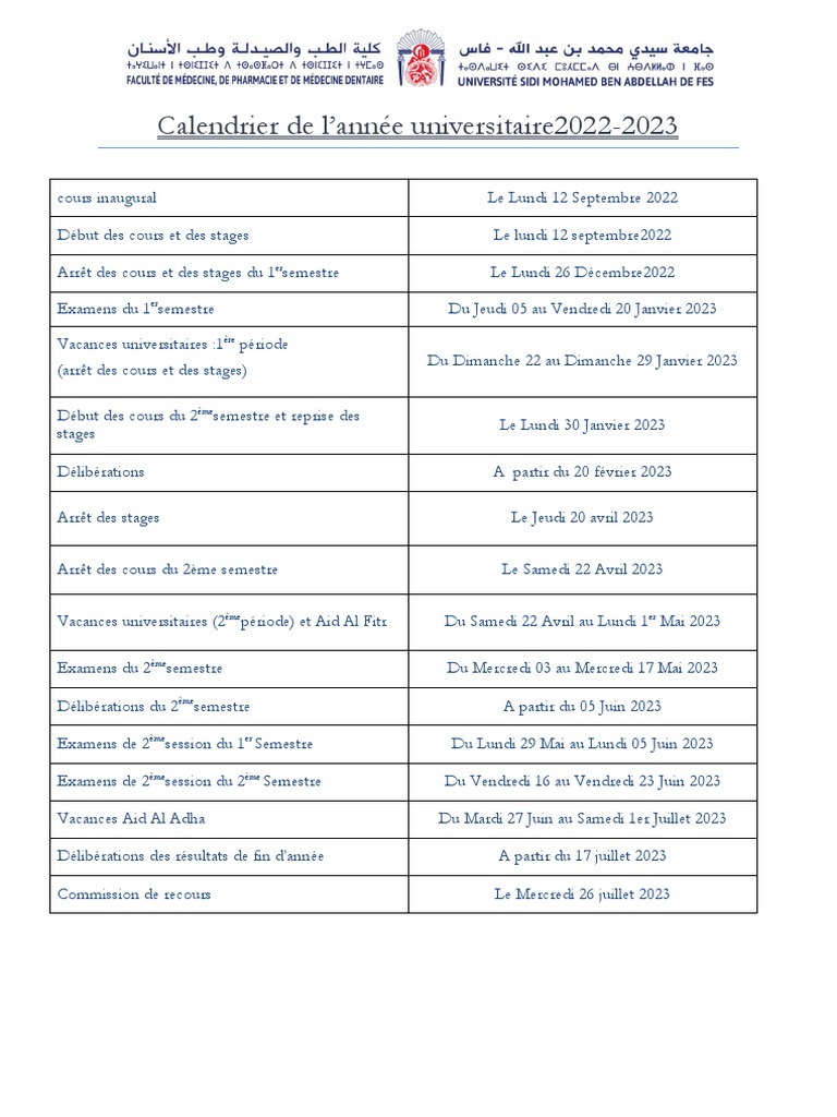 Calendrier Universitaire 2022-2023 | PDF