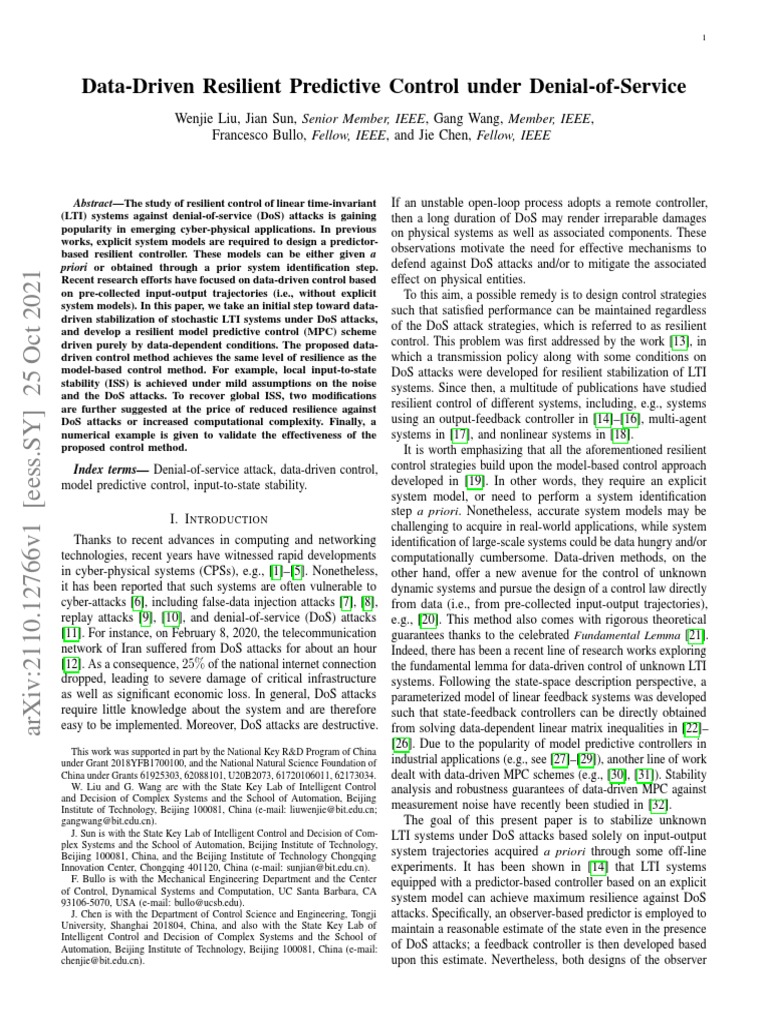 Liu Et Al 2021 Data Driven Resilient Predictive Control Under Denial Of Service Pdf