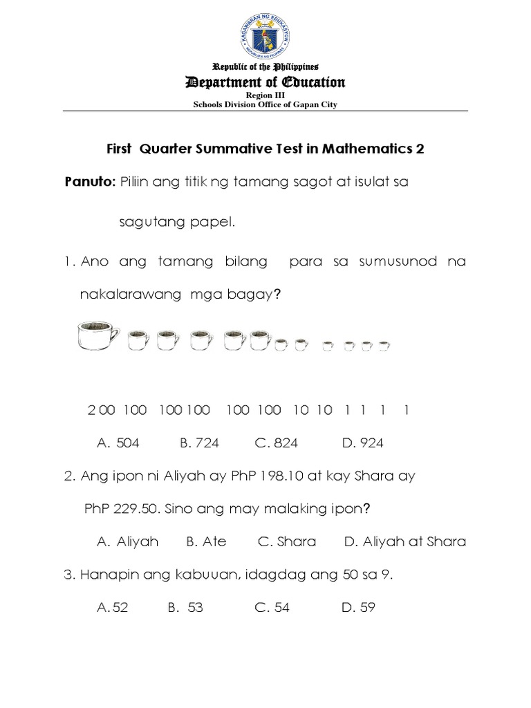 First Quarter-Summative-Test-Mathematics-2 | PDF
