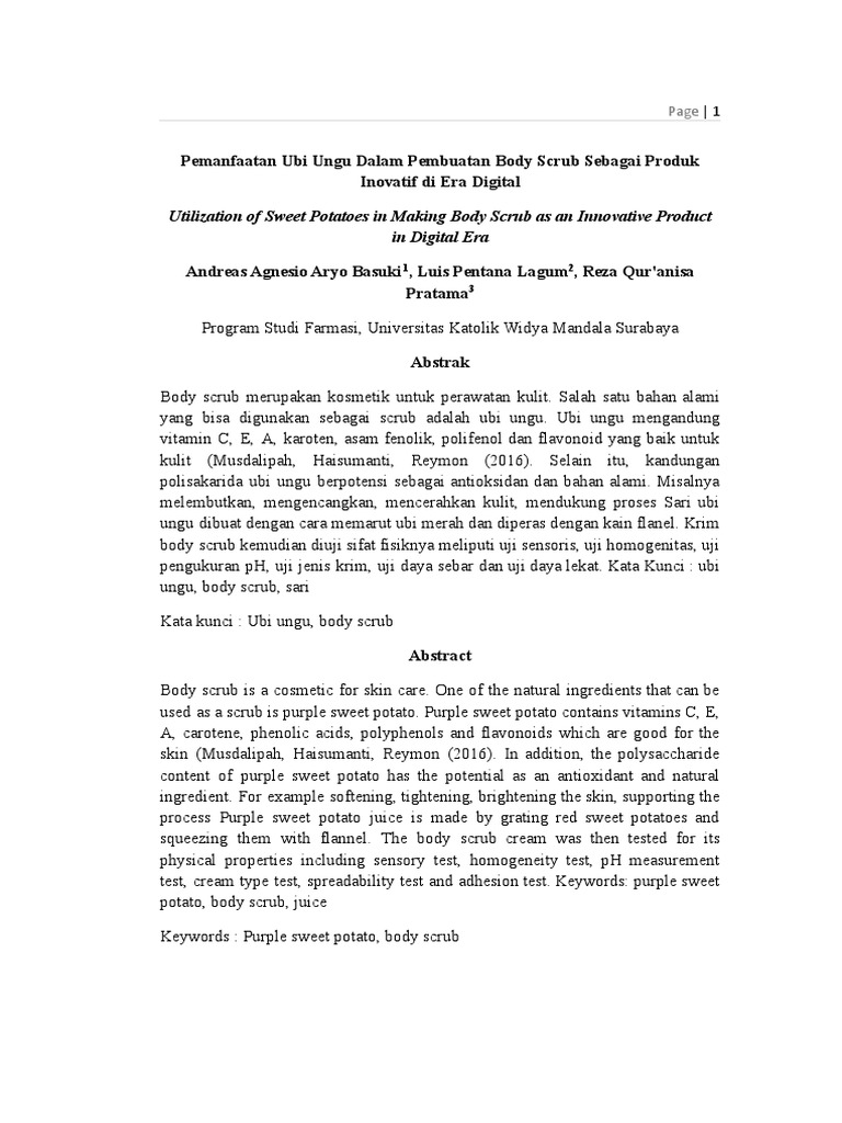 Revisi - 19 - Andreas Agnesio Aryo Basuki - UKWMS - Formulasi Body Scrub Dari Ubi Ungu - Docx-1 ...