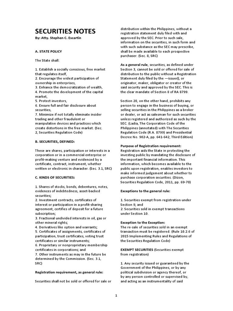 Securities Notes | PDF | Securities (Finance) | Stocks