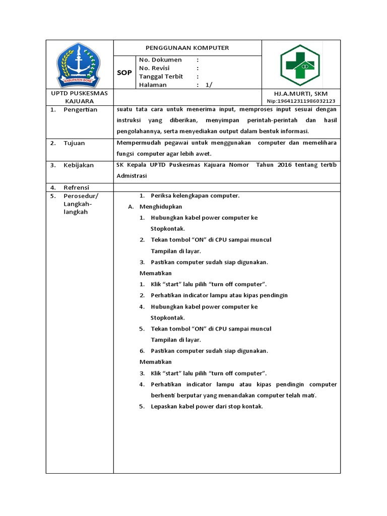 SOP Penggunaan Komputer Puskesmas | PDF