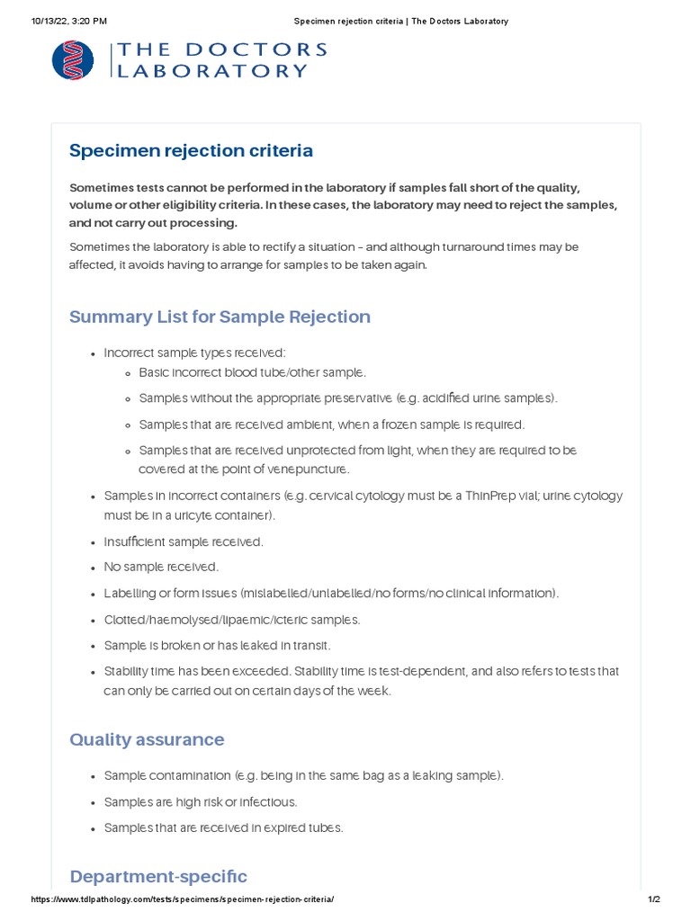 Specimen Rejection Criteria - The Doctors Laboratory | PDF | Anatomy ... Specimen Rejection Criteria - The Doctors Laboratory | PDF | Anatomy ...