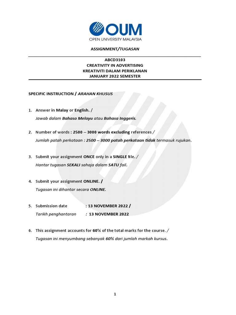 Assignment/Tugasan ABCD3103 Creativity in Advertising Kreativiti Dalam Periklanan January 2022 ...
