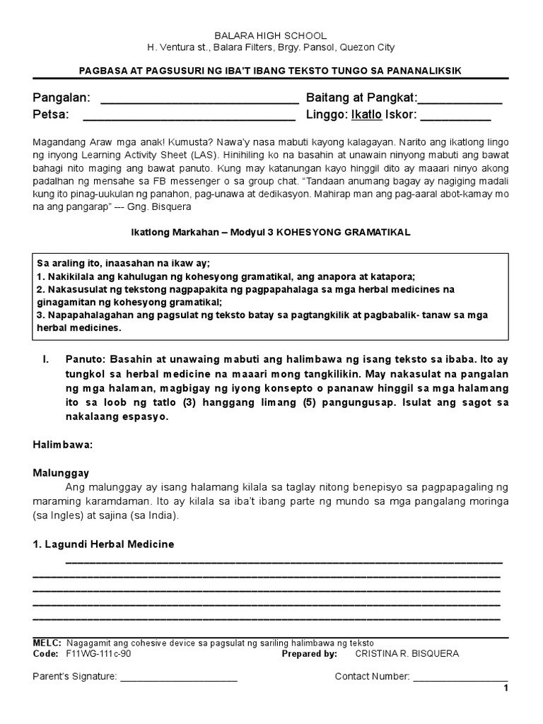 Las-Pagbasa at Pagsusuri-Wk-3-No.-1 | PDF