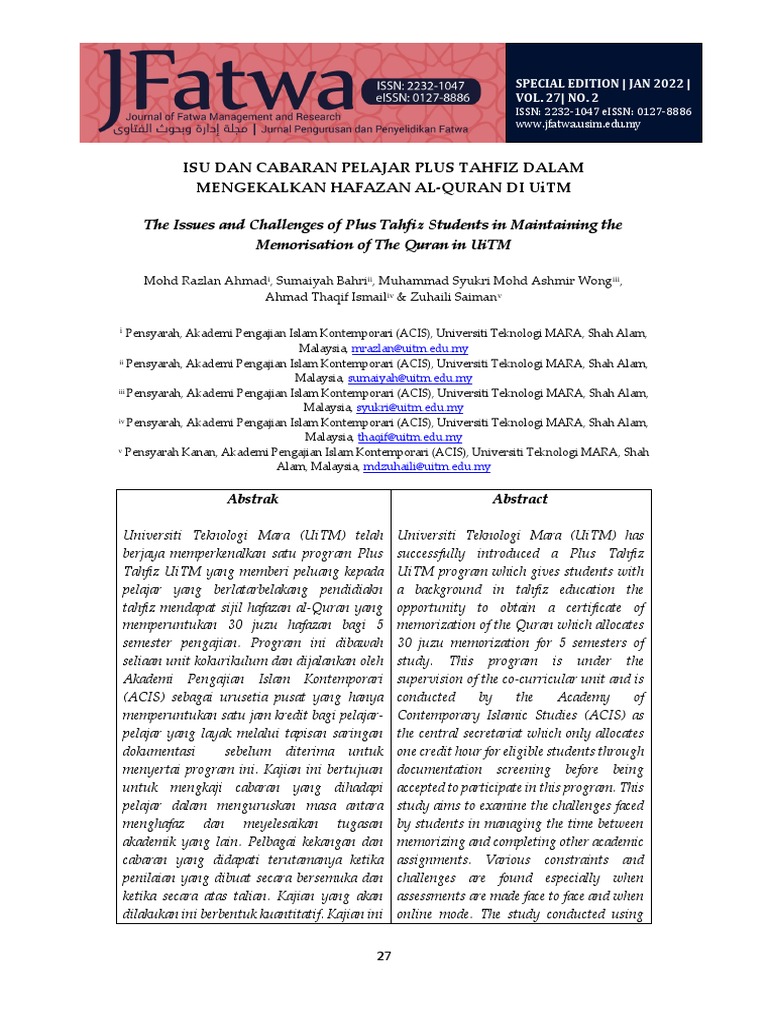 ISU DAN CABARAN PELAJAR PLUS TAHFIZ DALAM MENGEKALKAN HAFAZAN AL-QURAN DI UiTM | PDF