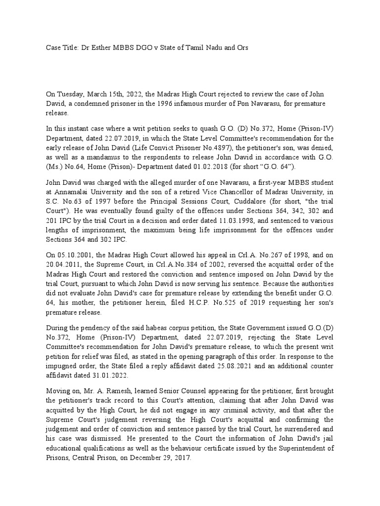 Case Brief DR Esther MBBS DGO V State of Tamil Nadu and Ors | PDF ...