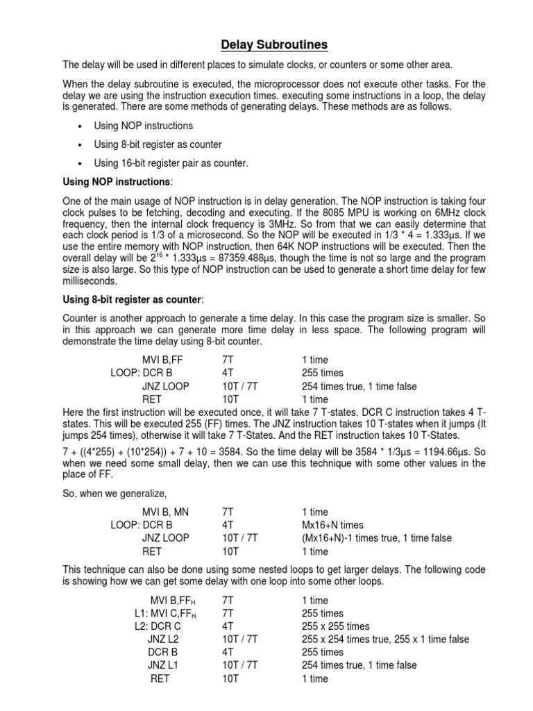 Delay Subroutines in 8085 | PDF | Integrated Circuit | Central ... Delay Subroutines in 8085 | PDF | Integrated Circuit | Central ...