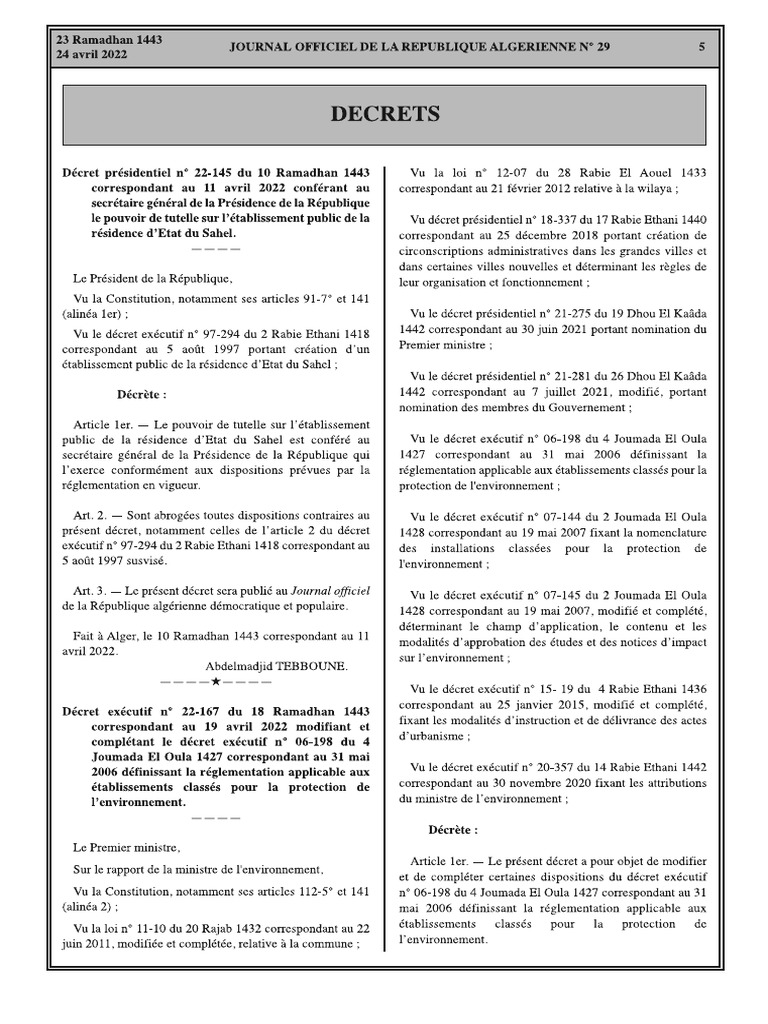 Décret exécutif n° 22-167 du au 19 avril 2022 modifiant et complétant ...
