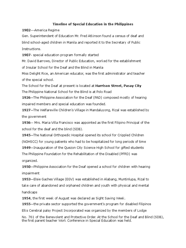 Timeline of Special Education in The Philippines | PDF | Special ...
