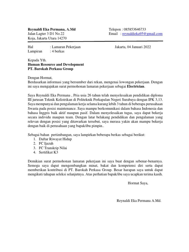 Surat Lamaran - Reynaldi Eka Permana | PDF