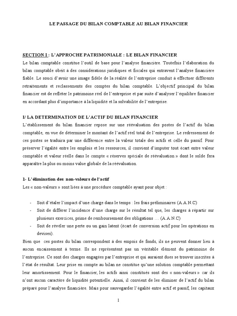 Transition vers le Bilan Financier | PDF | Capitaux propres | Bilan ...