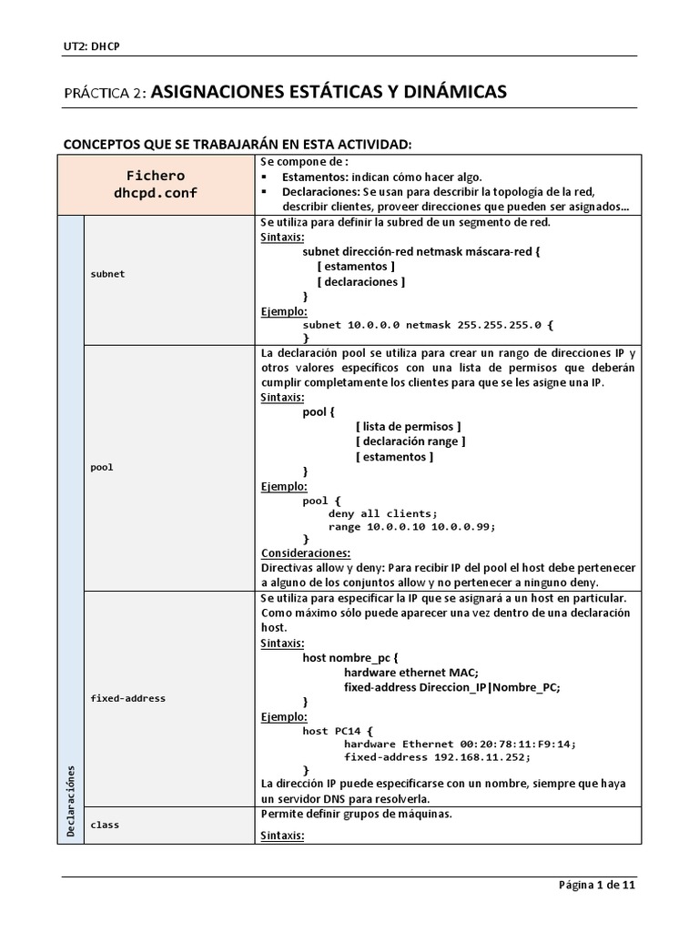 Ut2 p2 DHCP Estatica Dinamica | PDF | Dirección IP | Protocolos de internet