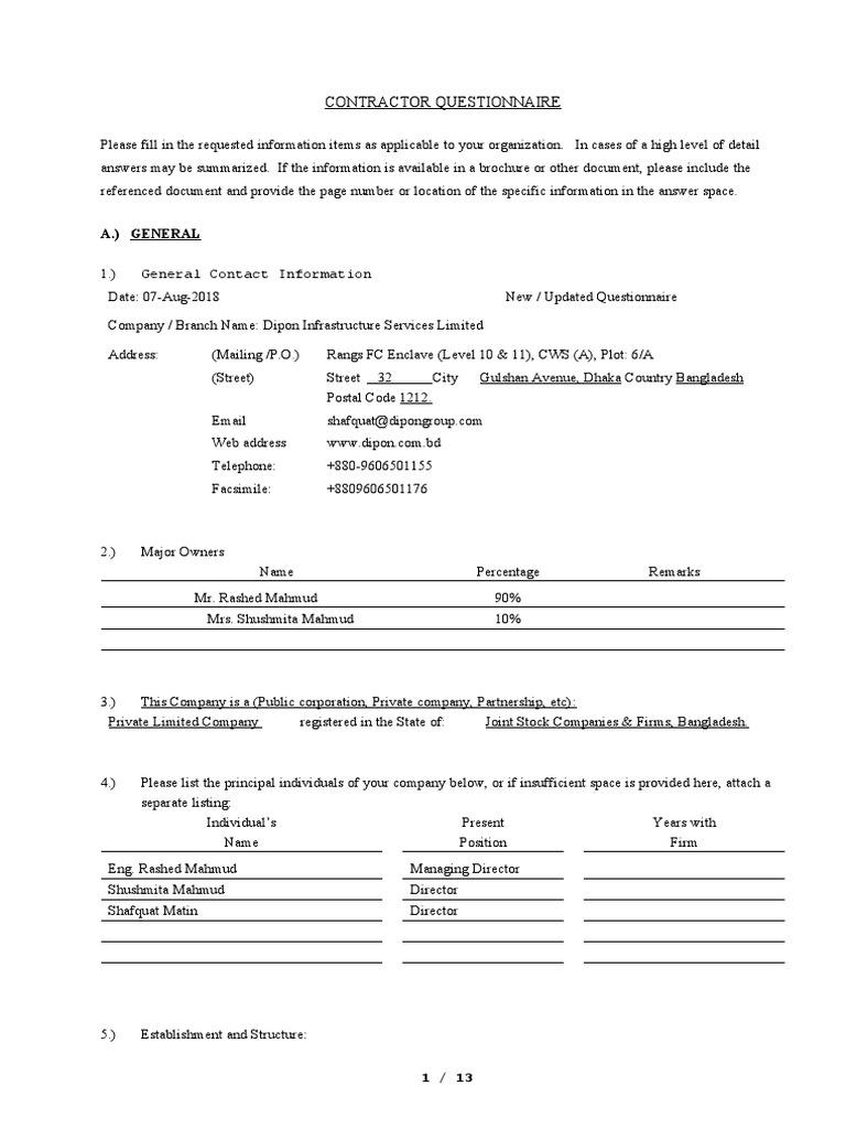 Contractor Questionnaire (For Airport PJ) | PDF | Employment | Human ...