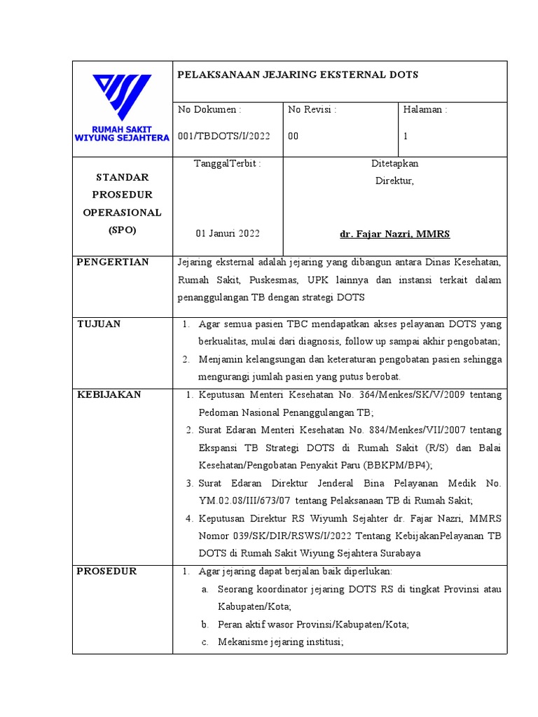 SPO Pelaksanaan Jejaring TB DOTS RSWS | PDF