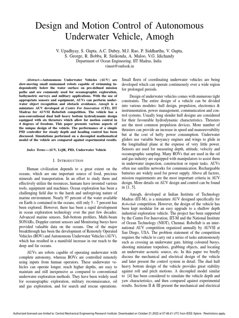 Design And Motion Control Of Autonomous Underwater Vehicle Amogh Pdf Control Theory Flight