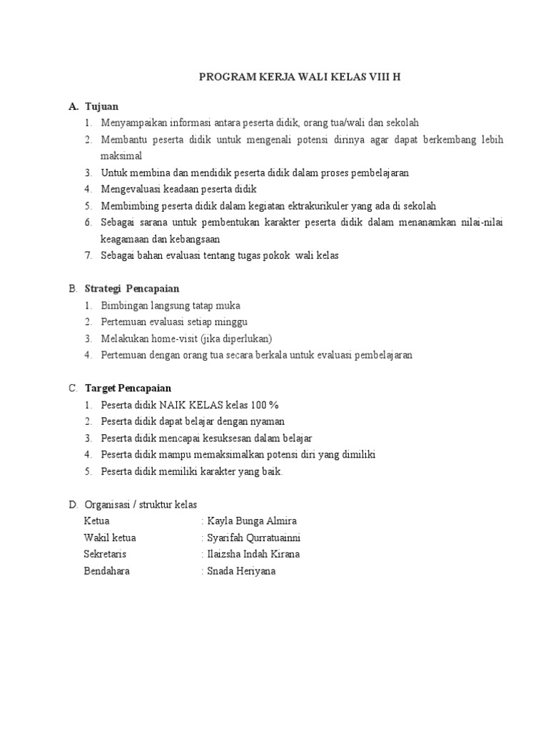 PROGRAM KERJA WALI KELAS 8h | PDF