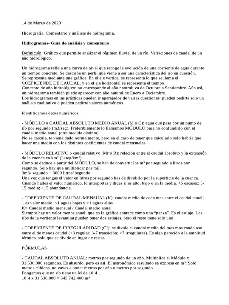 Análisis e interpretación de hidrogramas: conceptos clave y cálculos para la descripción de ...