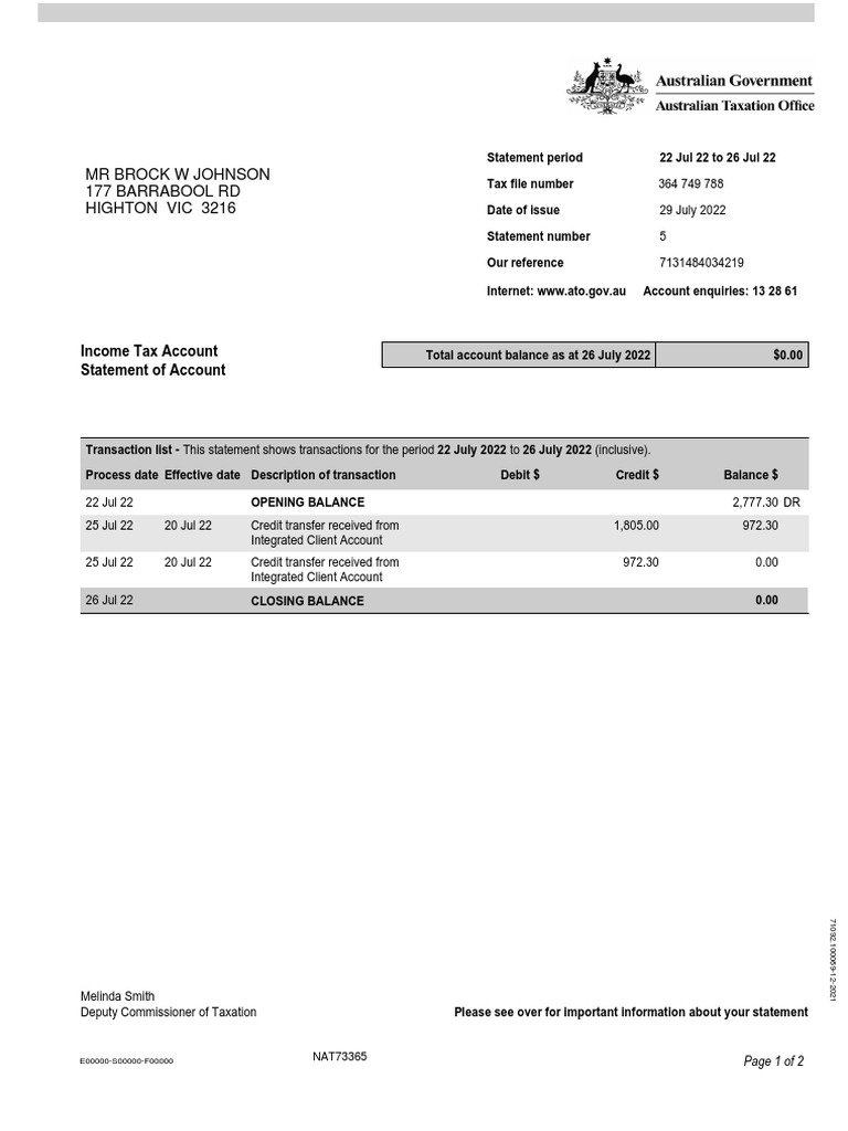 Income Tax Account Statement of Account: MR Brock W Johnson 177 ...