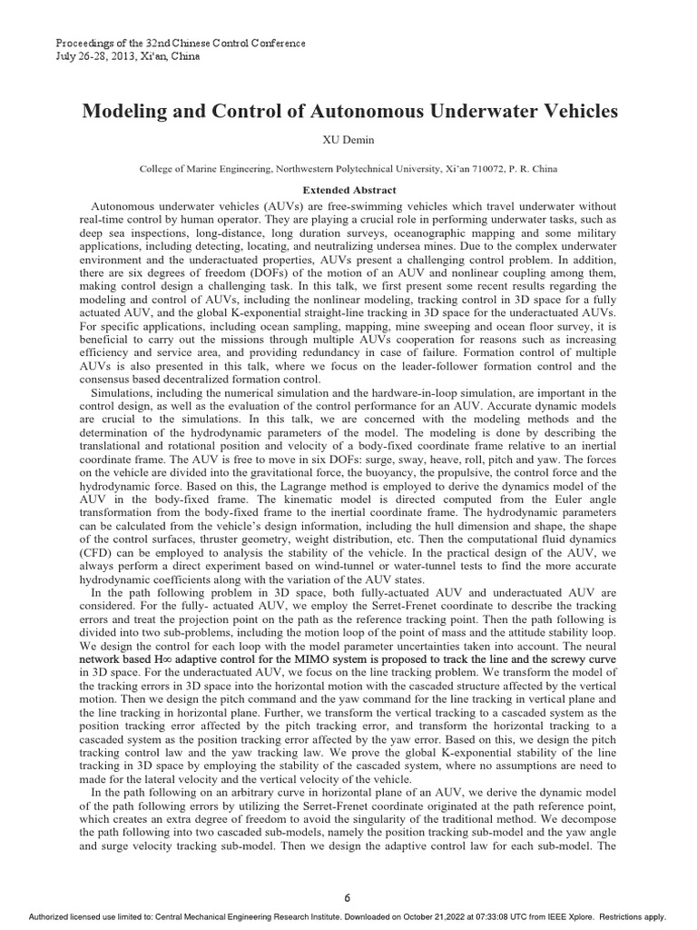 Modeling And Control Of Autonomous Underwater Vehicles Pdf Flight