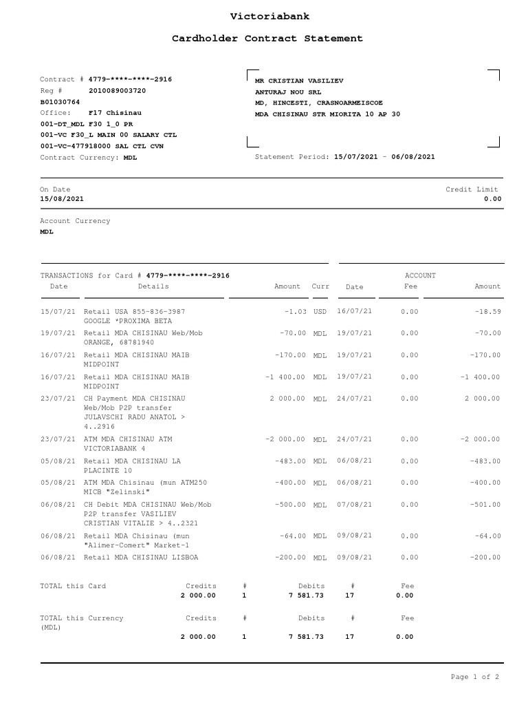 VB Card Statement 2021-07-16 - 2021-08-15 | PDF | Credit Card | Debits ...