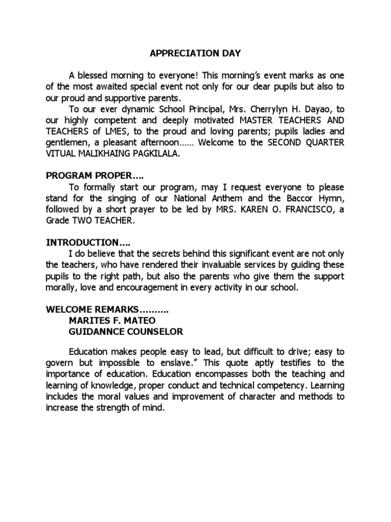 Appreciation Day Script | PDF | Learning | Psychology