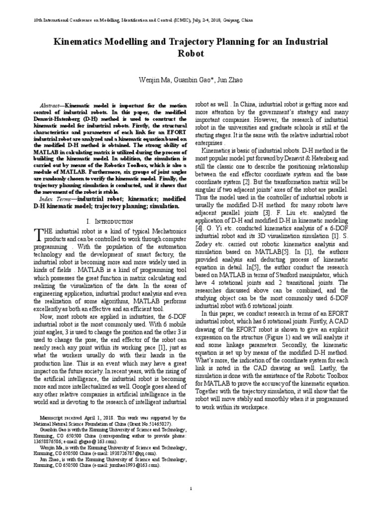 Kinematics Modelling and Trajectory Planning for an Industrial Robot: Analysis of the Kinematic ...