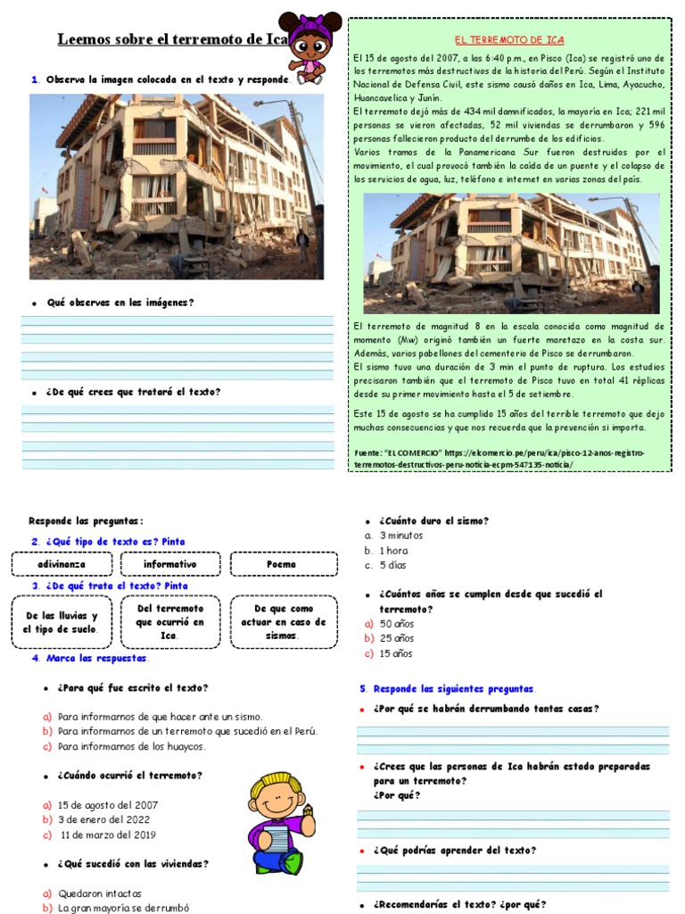 FICHA - Leemos Sobre El Terremoto de Ica | PDF | Temblores | Desastres ...
