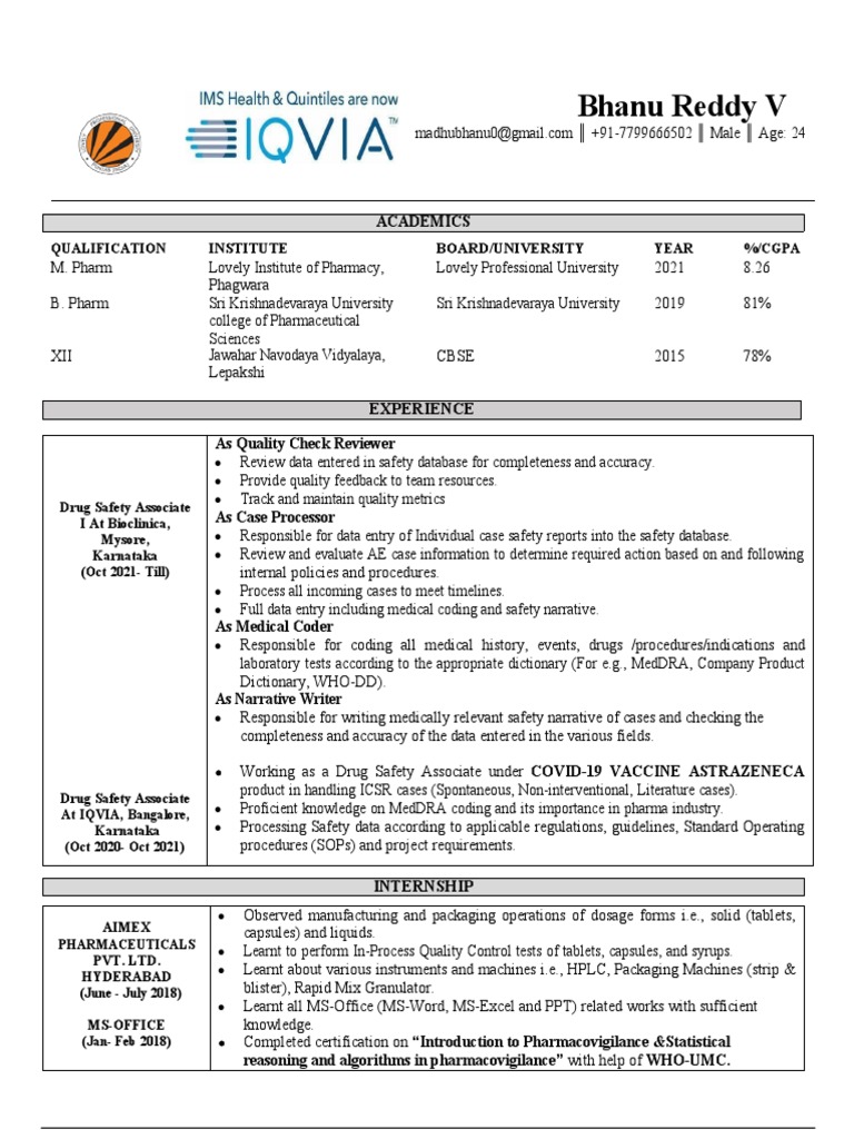 Bhanu Reddy V's CV for Drug Safety Associate role | PDF ...