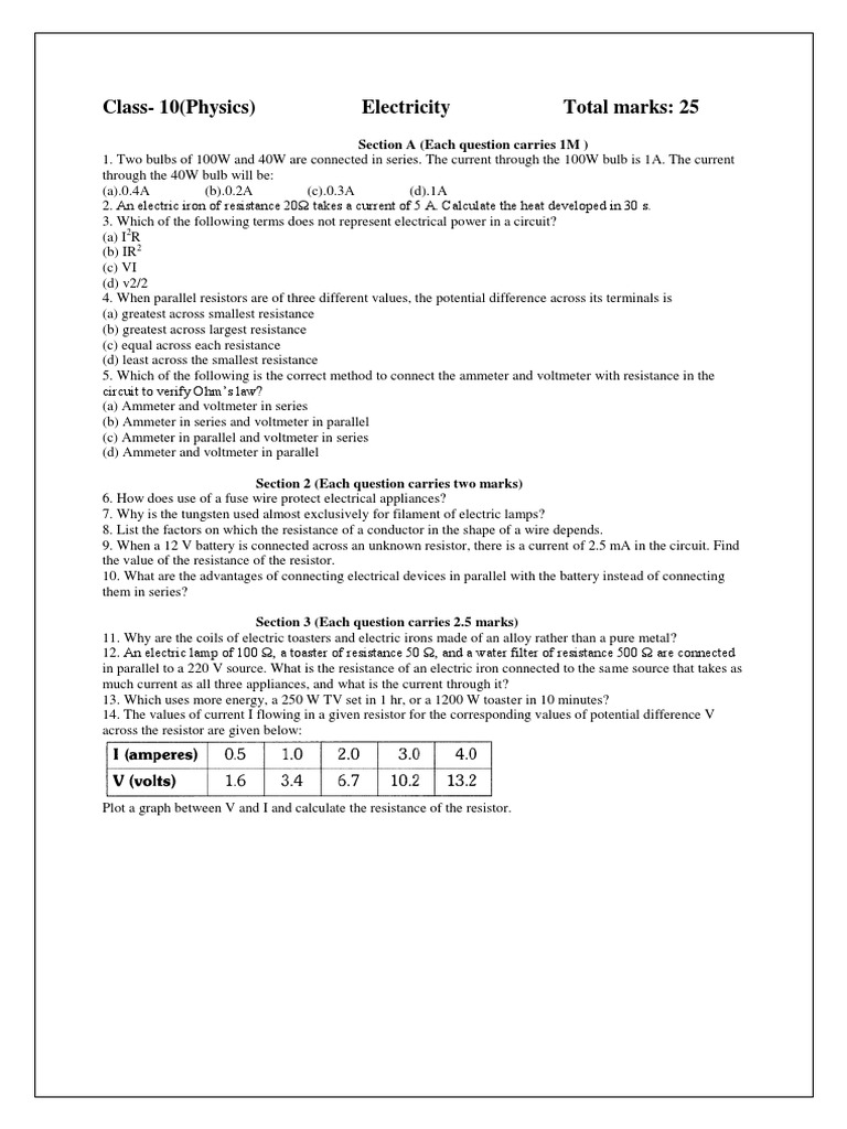 Class 10 Physics .Electricity - Test Paper | PDF | Series And Parallel ...