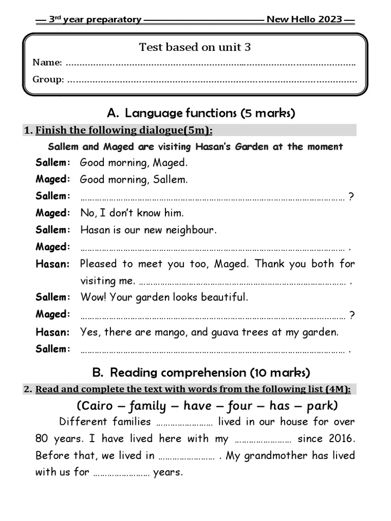 New Hello - Prep Three - Test Three - 2023 | PDF | Cognitive Science ...