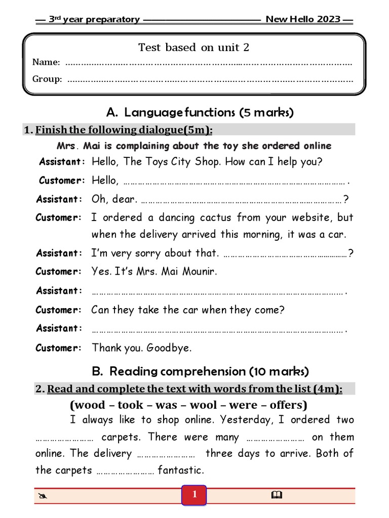 New Hello - Prep Three - Test Two - 2023 | PDF | Linguistics | Languages