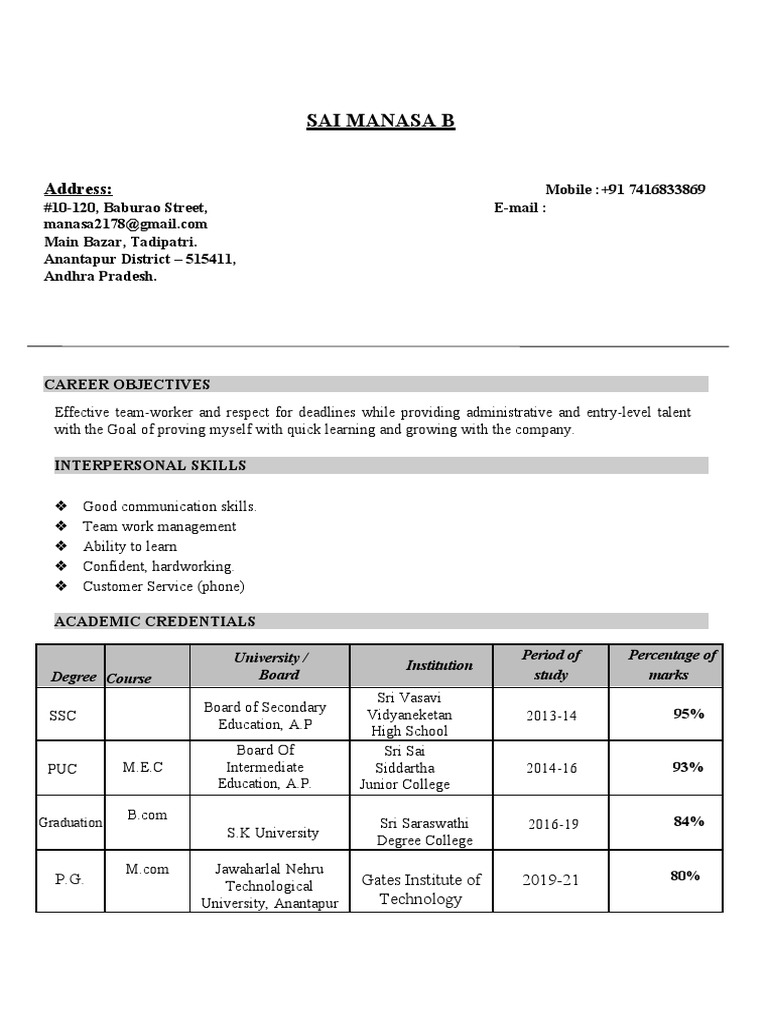 Manasa New Resume V2 | PDF | Behavior Modification | Cognition