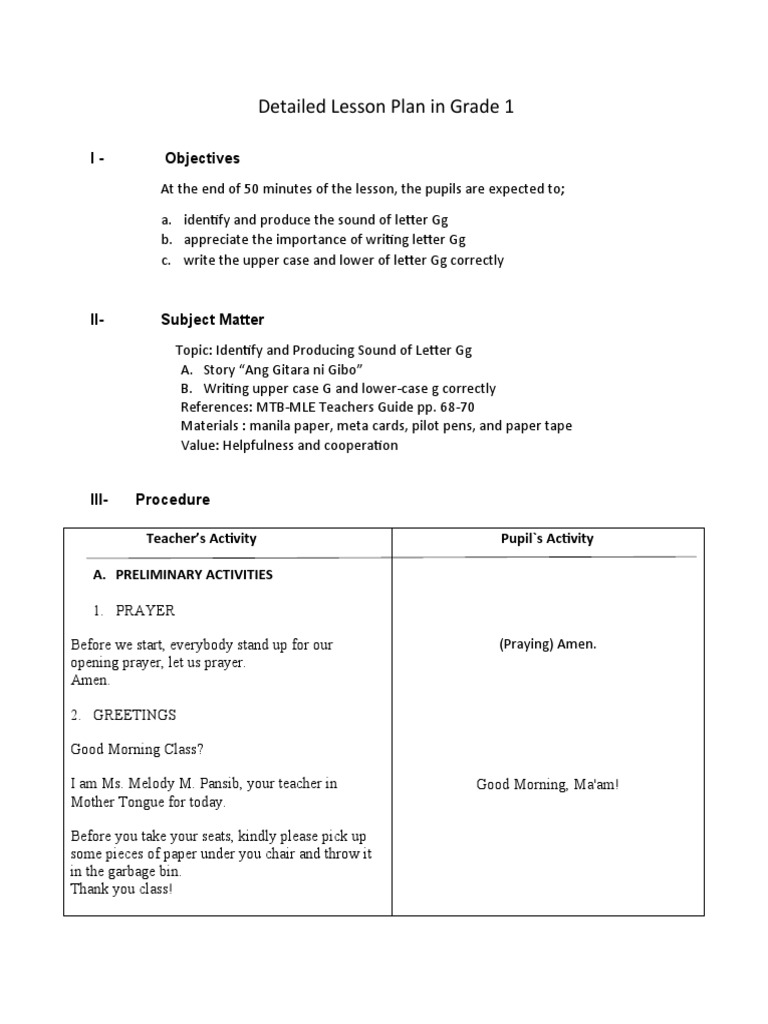 Lesson Plan in Grade 1 | PDF | Lesson Plan | Linguistics