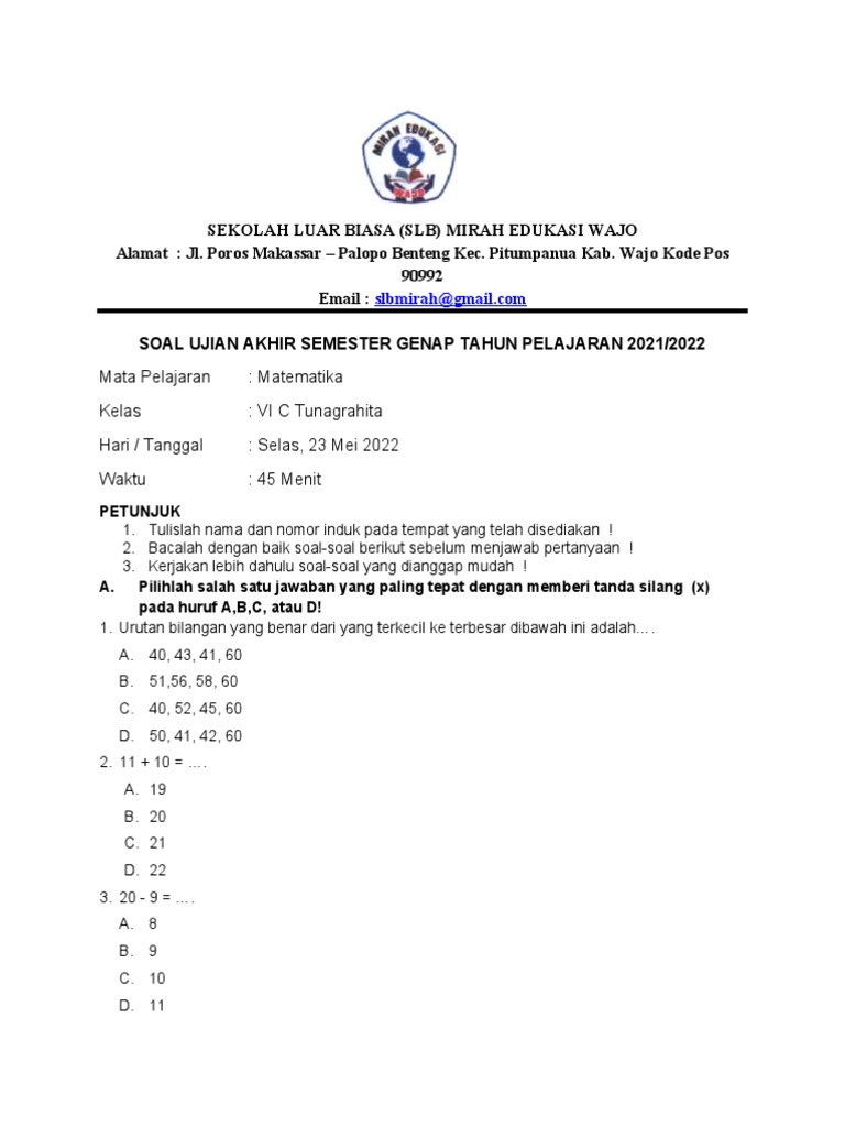 Soal Uas MTK SD KLS 6 Tunagrahita | PDF