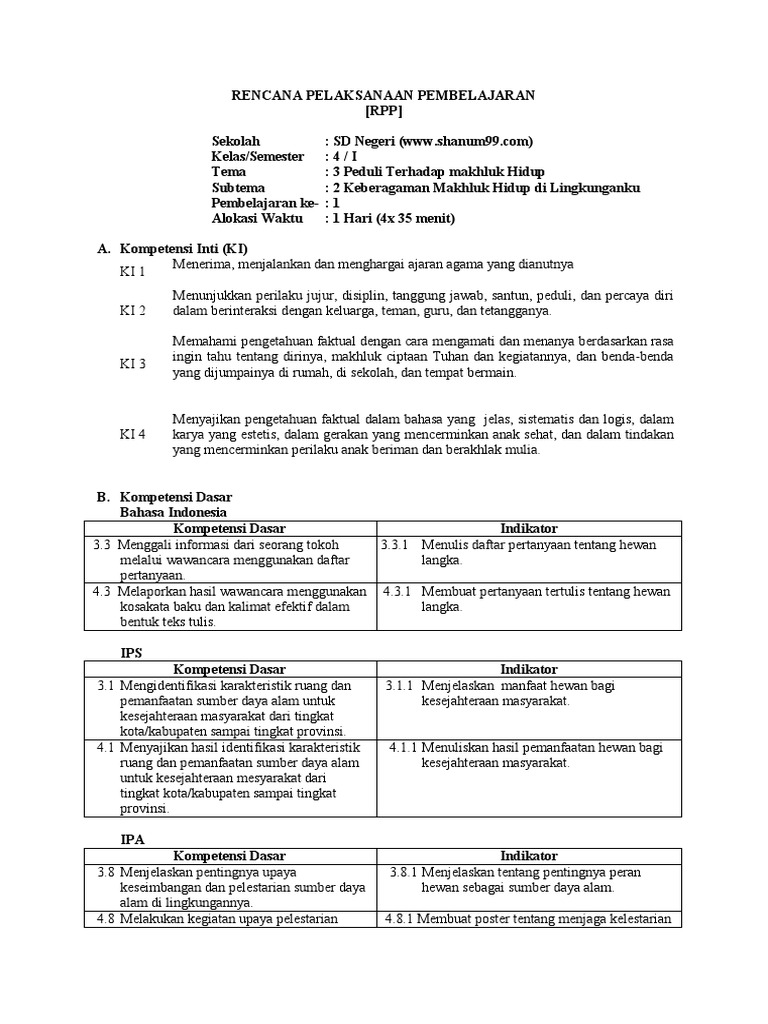 RPP Tema 3 Subtema 2 Pembelajaran 1 | PDF