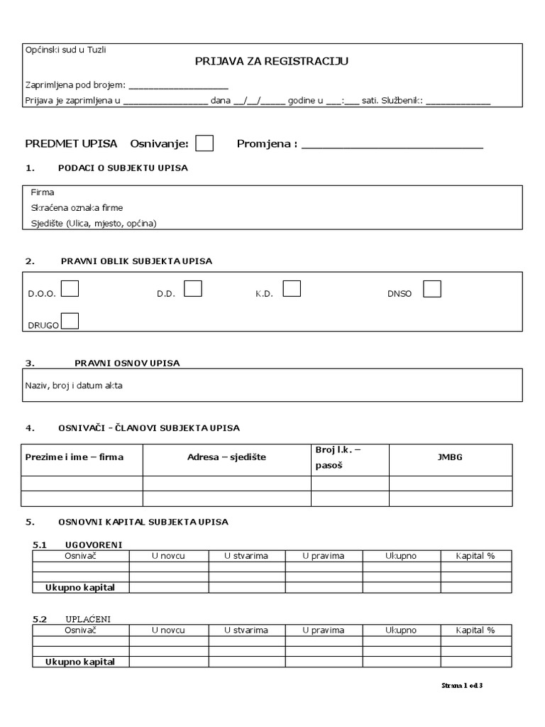 Prijava Za Registraciju Obrazac | PDF