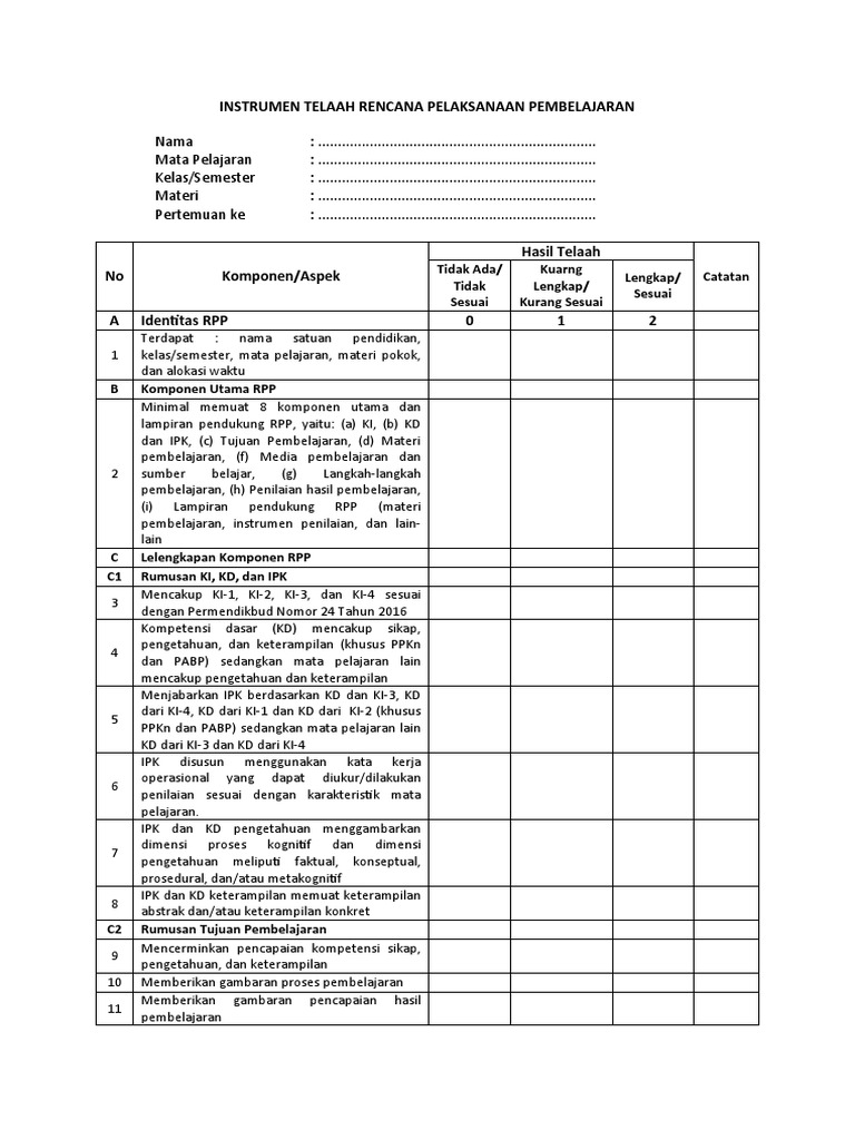 Instrumen Telaah Rencana Pelaksanaan Pembelajaran | PDF