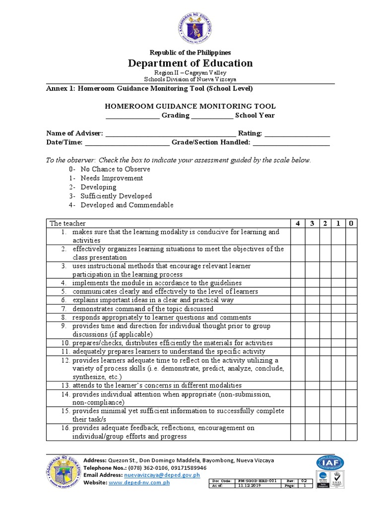 HOMEROOM GUIDANCE MONITORING TOOL School Level | PDF | Learning ...