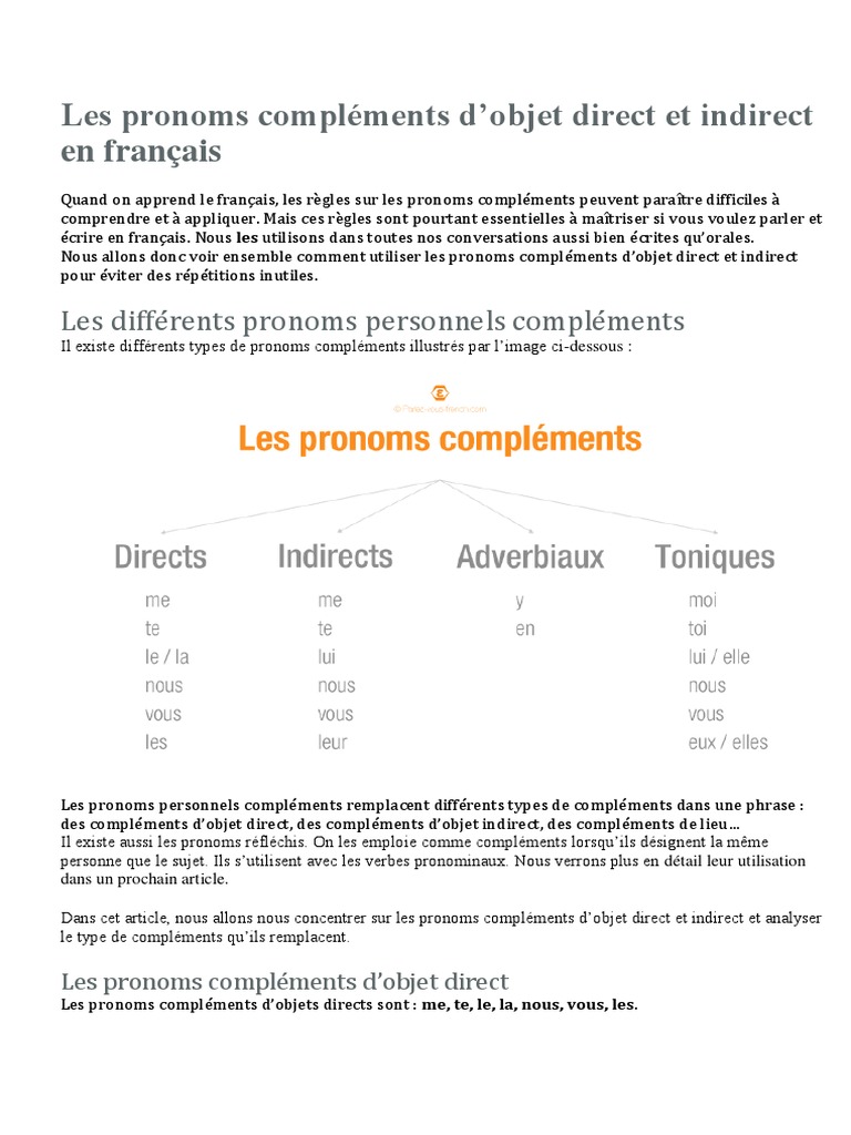 Pronoms Compléments Directs et Indirects | PDF | Complément d'objet ...