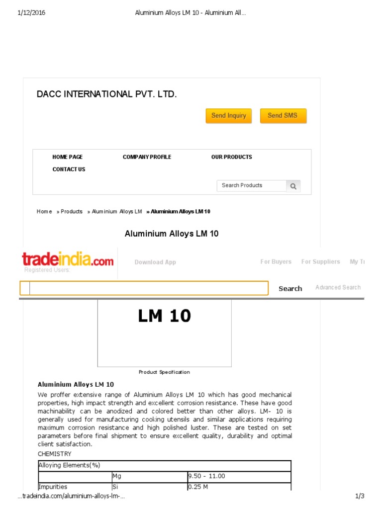 Aluminium Alloys LM 10 - Aluminium Alloys LM 10 Exporter, Importer ...