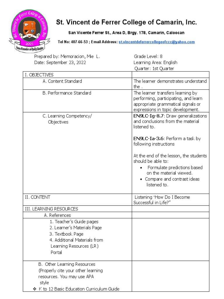 Lesson Plan Outline | PDF | Subject (Grammar) | Verb