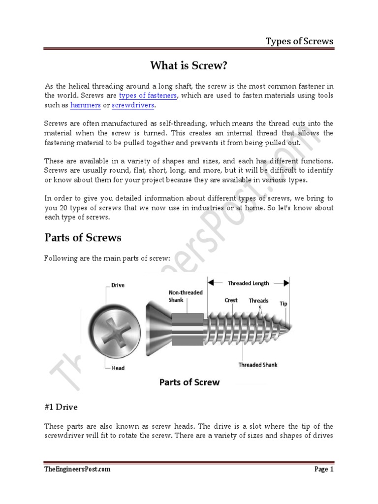 Types of Screws | PDF | Screw | Secondary Sector Of The Economy