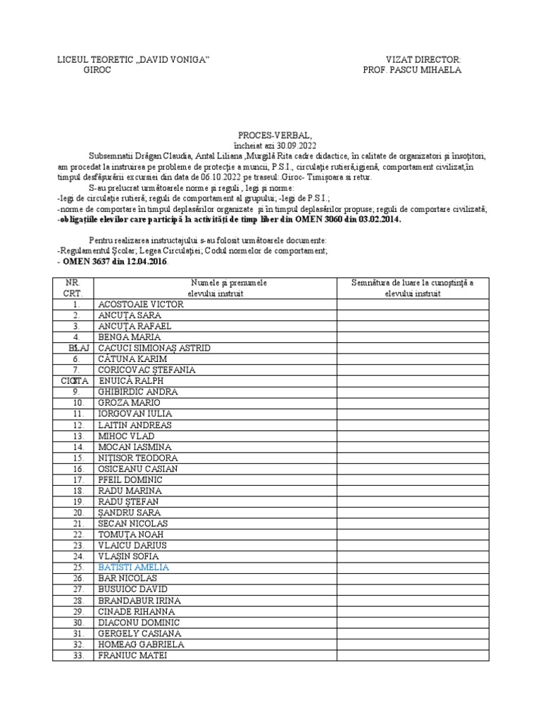 Proces-Verbal de Instruire - Elevi Excursie | PDF