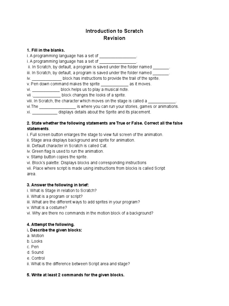 Revision Introduction To Scratch | PDF | Scratch (Programming Language ...
