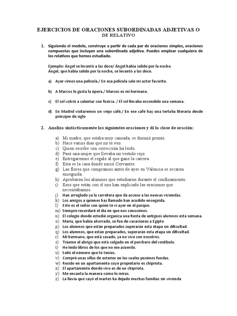 Ejercicios de Oraciones Subordinadas Adjetivas o de Relativo | PDF