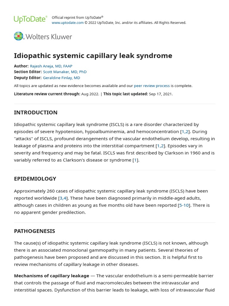Idiopathic Systemic Capillary Leak Syndrome - UpToDate | PDF | Shock (Circulatory) | Sepsis